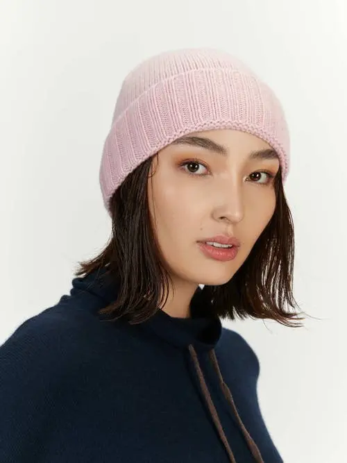Gobi Mongolian Cashmere Cashmere Rib Knit Beanie - Almond Blossom